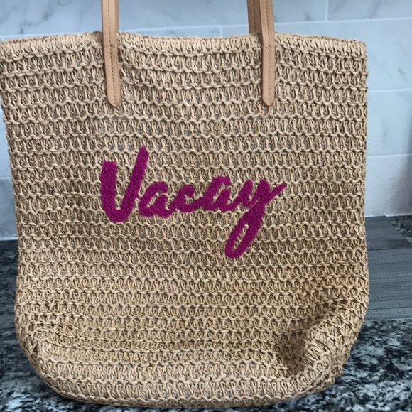 Bags | Vacay Canvas Tote Bag With Pink Text | Poshmark